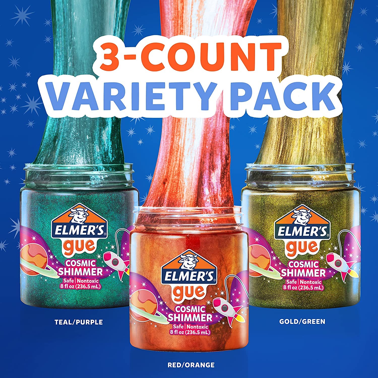 Elmer's Gue Premade Slime, Cosmic Shimmer Glitter Slime, Variety Pack, 3 Count