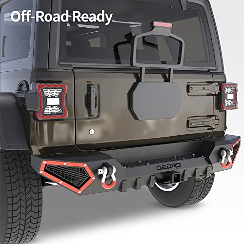 OEDRO Rear Bumper Compatible with 2018-2025 Jeep Wrangler JL & Unlimited JLU (2/4 Doors), Rock Crawler Full Width Bumper with Hitch Receiver & 2 x D-Rings