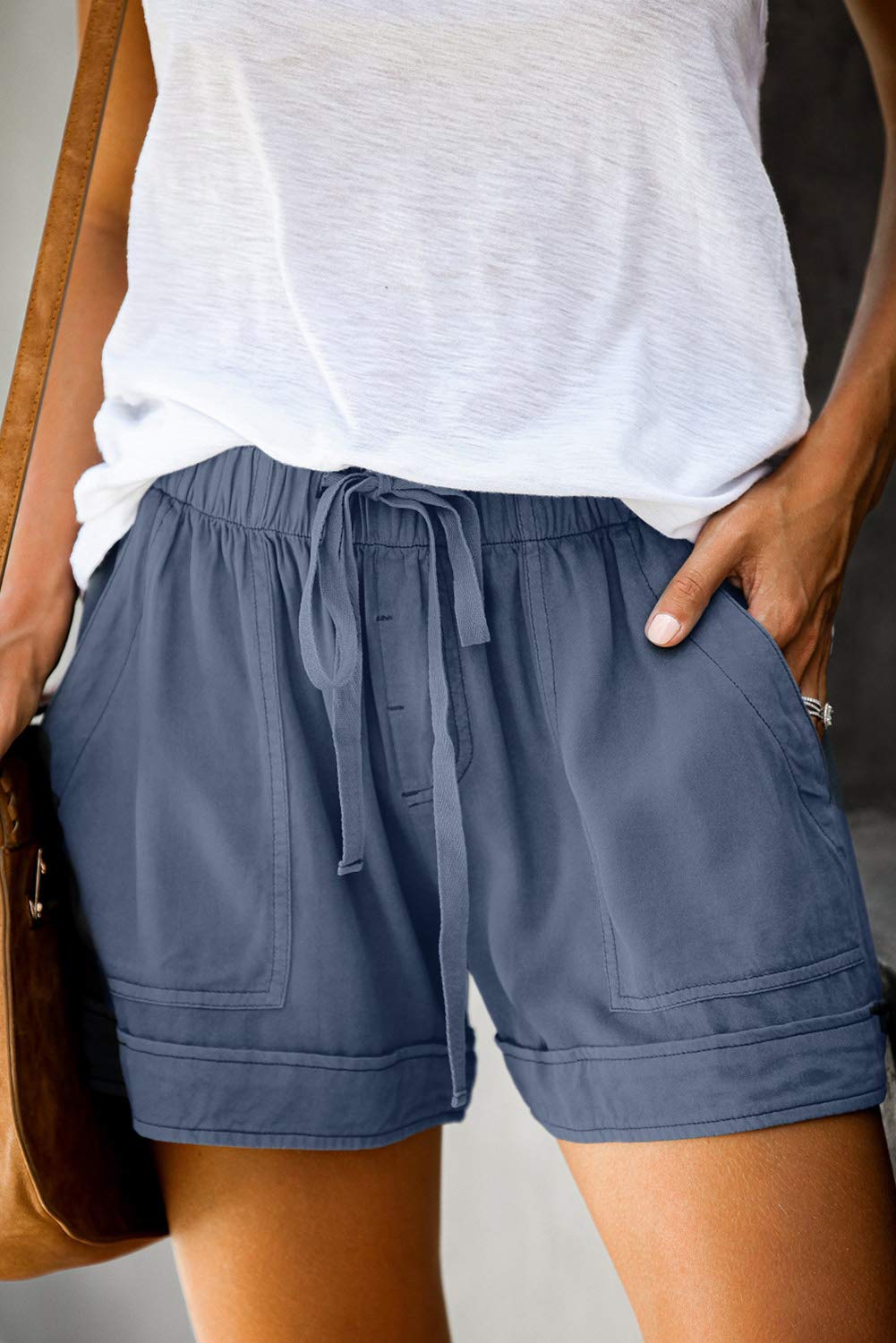 QACOHU Womens Summer Shorts Comfy Drawstring Casual Elastic Waist Pocketed Shorts Dusty Blue XL Women Linen Pants