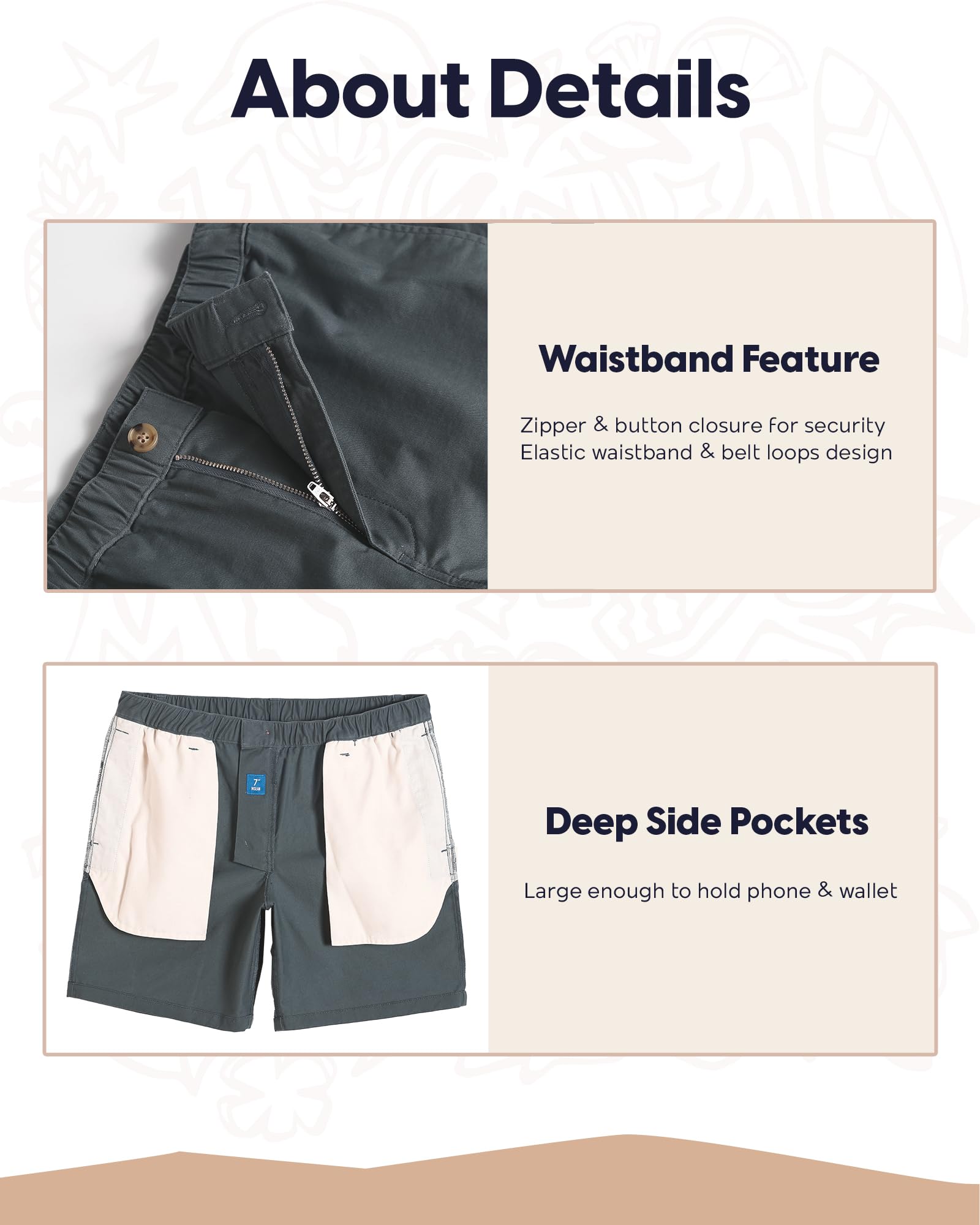maamgic Men's Classic-fit 7" Cotton Casual Shorts Elastic Waistband with Multi-Pocket Daily Wear Walking Summer Outfit