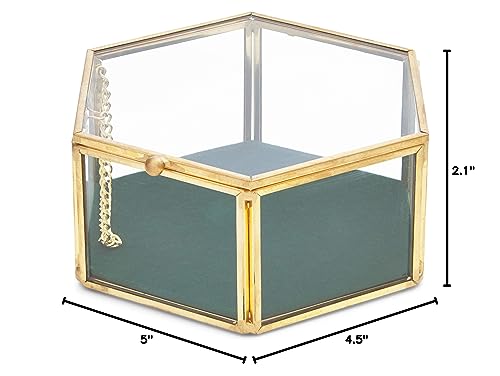 Juvale Velvet Glass Jewelry Box, Gold Hexagon Box for Trinkets (5 x 4.5 x 2.1 In)