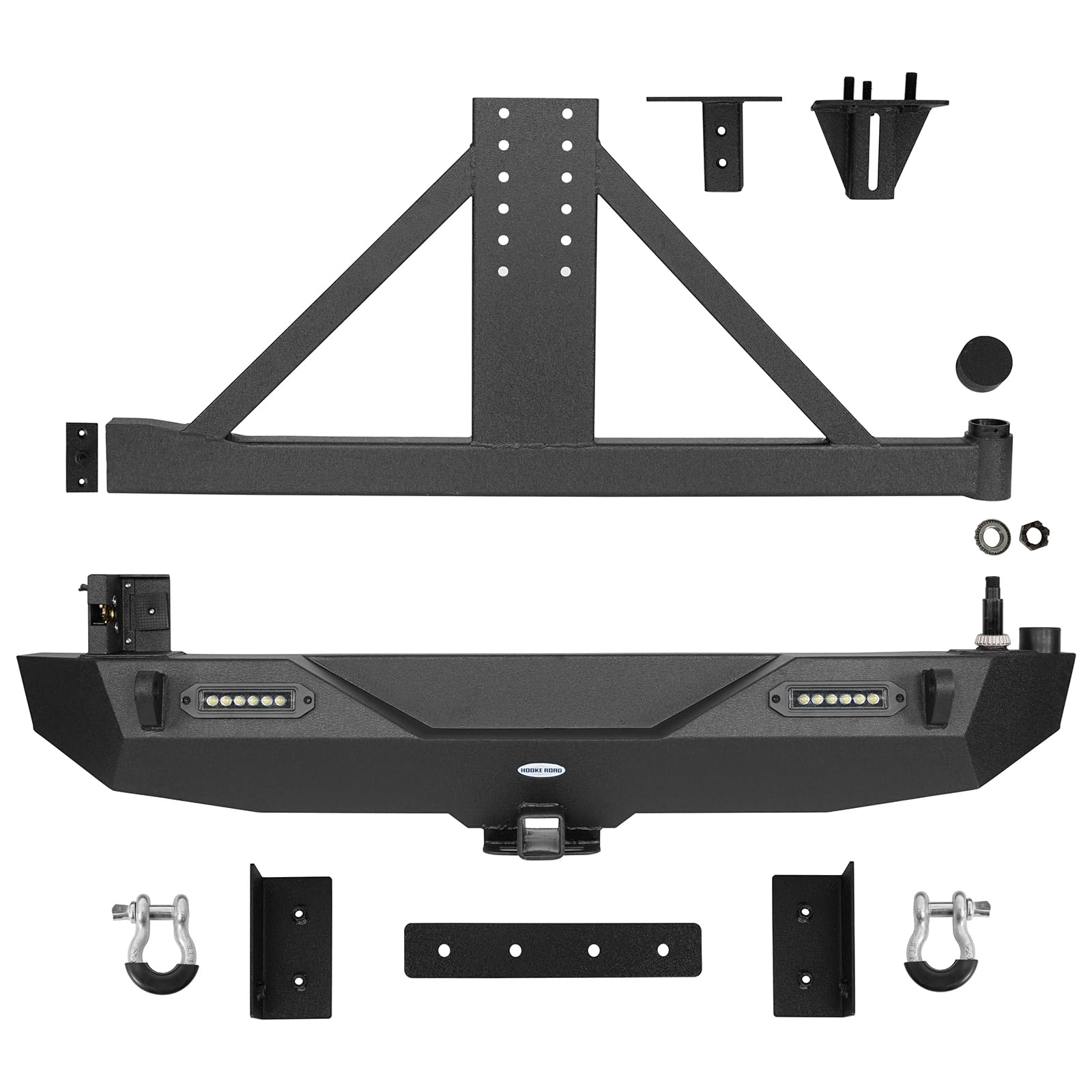 Hooke Road Offroad Rear Bumper with Spare Tire Carrier for 2007-2018 Jeep Wrangler JK & Unlimited 2/4 Doors, Built-in Hitch Receiver & LED Lights & D-rings