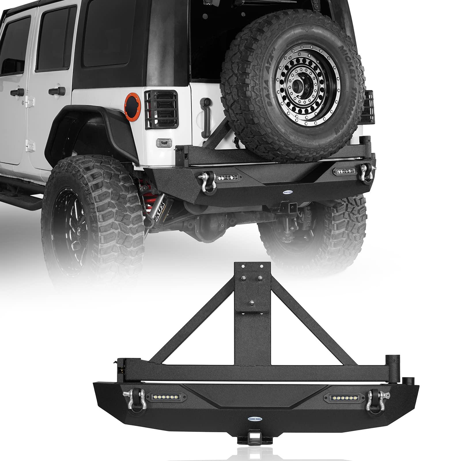 Hooke Road Offroad Rear Bumper with Spare Tire Carrier for 2007-2018 Jeep Wrangler JK & Unlimited 2/4 Doors, Built-in Hitch Receiver & LED Lights & D-rings