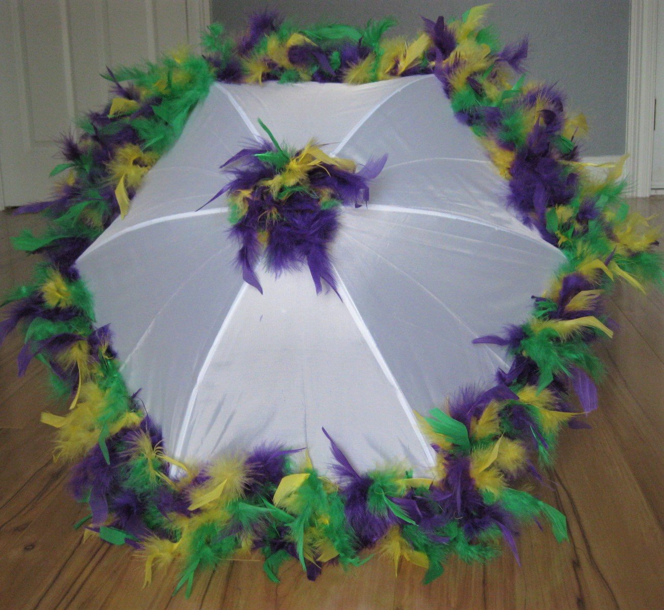New Orleans Mardi Gras Green Second Line Parasol Umbrella with Purple, Green, Yellow Feather Accent