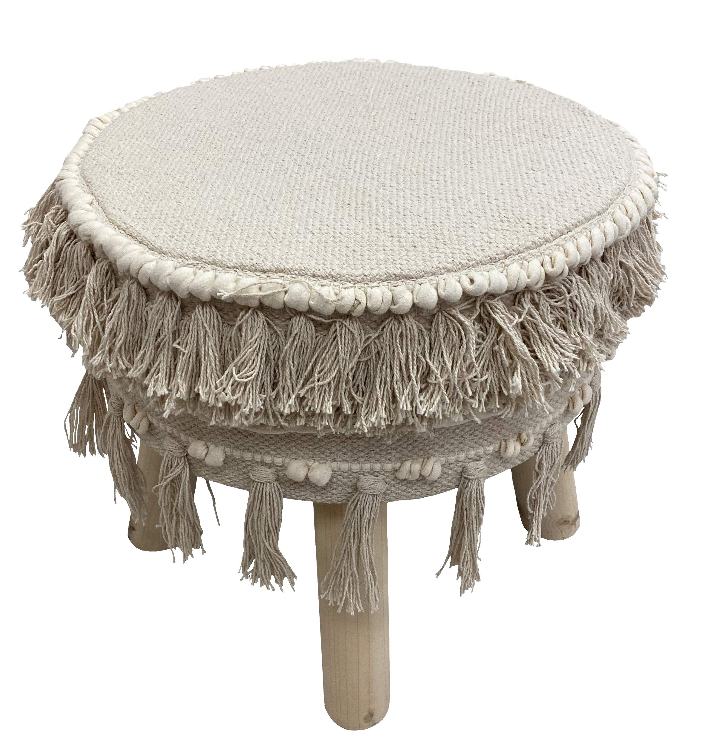 LR Home Ivory Textured and Fringed Bohemian Stool