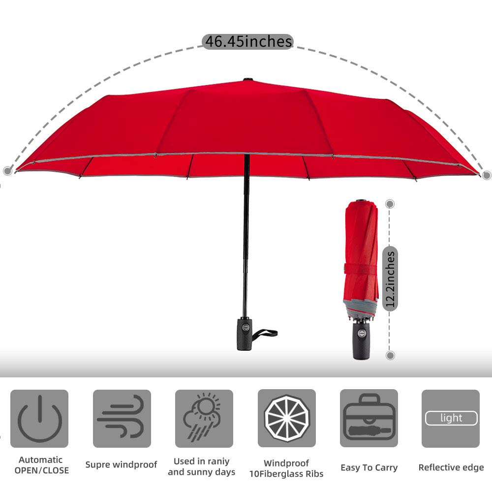 FDJASGY Windproof Travel Umbrella with Teflon Coating Auto Open Close Lightweight Sun&Rain Umbrella with 10 Rib Construction and Reflective Stripe Zipper Pouch