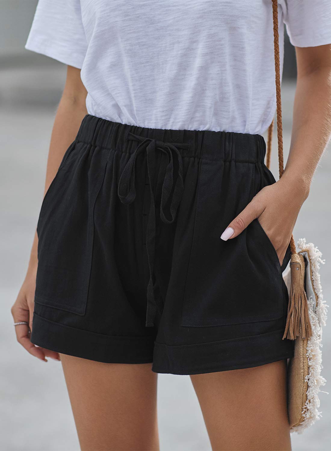 QACOHU Womens Casual Drawstring Elastic Waist Comfy Cotton Linen Shorts Black L Ladies Shorts Sets Outfits Casual