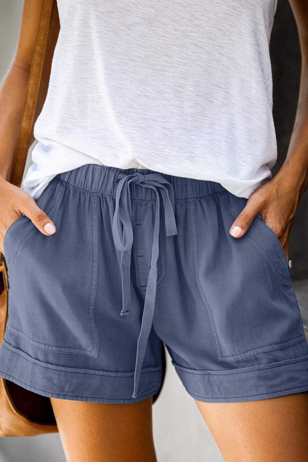 QACOHU Womens Summer Shorts Comfy Drawstring Casual Elastic Waist Pocketed Shorts Dusty Blue XL Women Linen Pants
