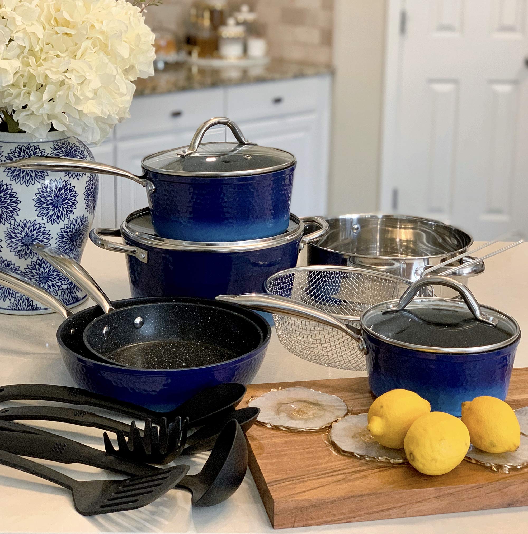 Kitchen Academy Pots and Pans Set Non Stick - 15 Pieces Blue Hammered Cookware Set, Granite Nonstick Coating Induction Compatible for All Stove PFOA&PFOS Free