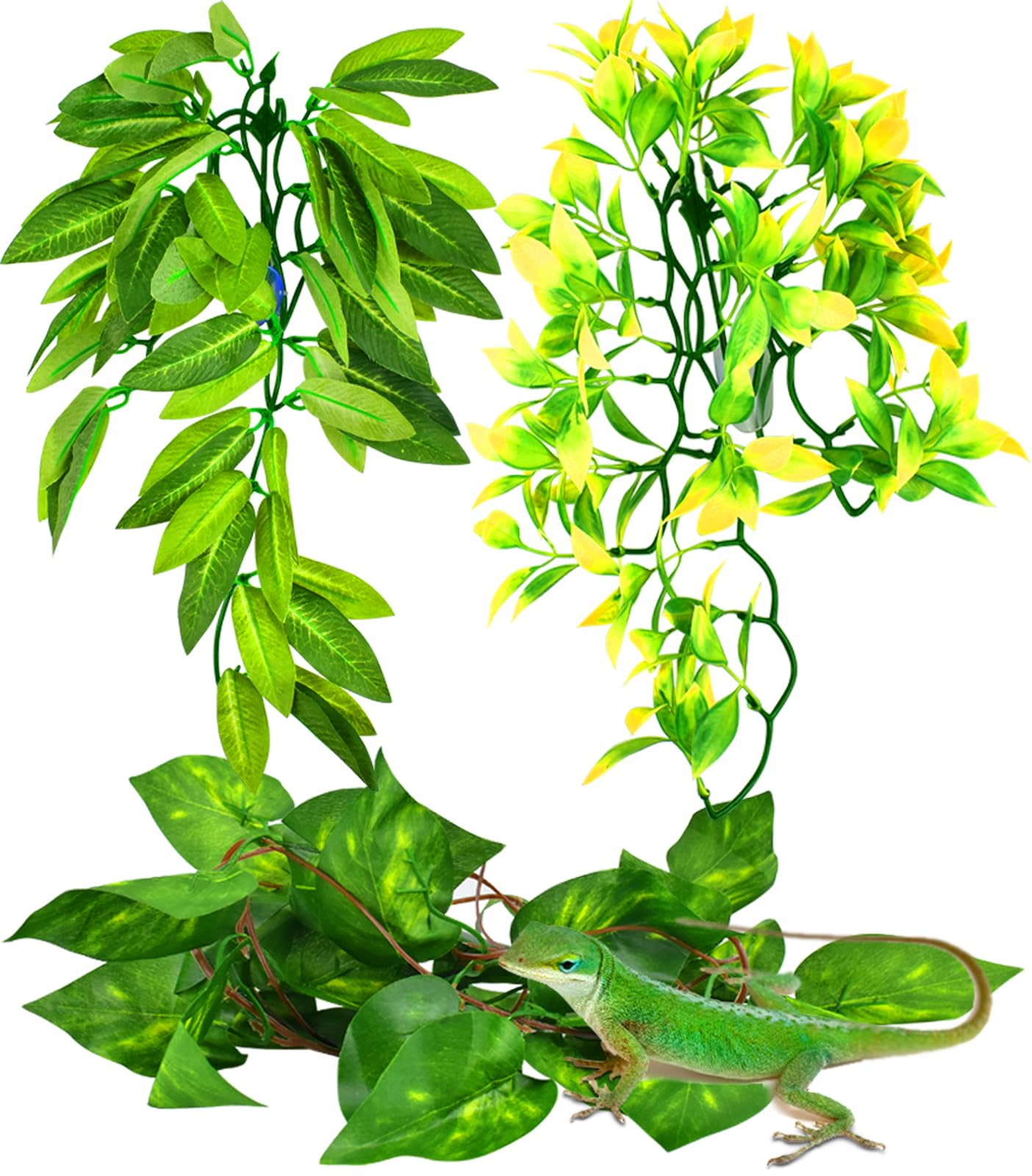 KATUMO Reptile Plants, 3 PCS Amphibian Hanging Plants with Suction Cup for Lizards, Geckos, Bearded Dragons, Snake, Hermit Crab Tank Pets Habitat Decorations