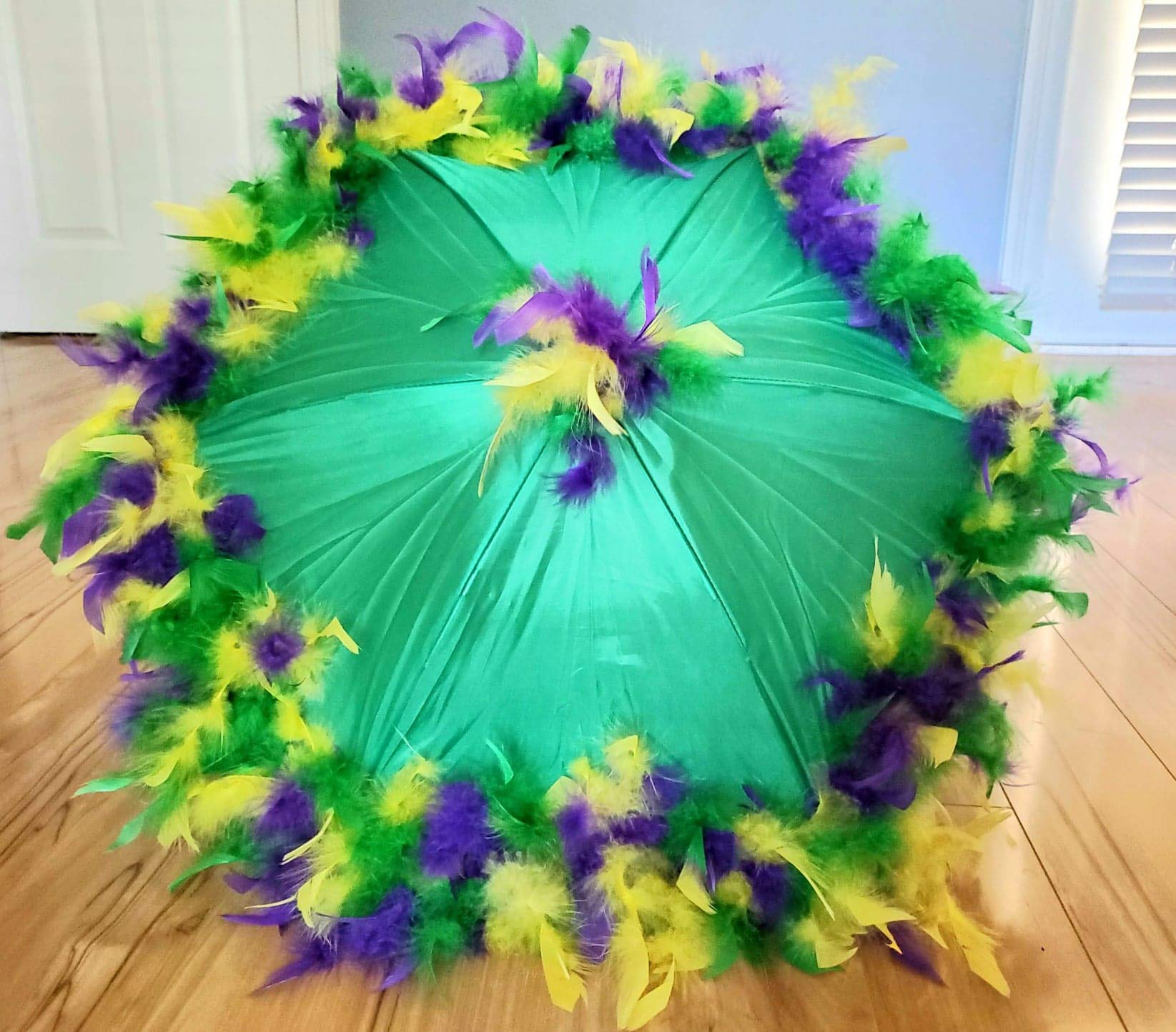 New Orleans Mardi Gras Green Second Line Parasol Umbrella with Purple, Green, Yellow Feather Accent