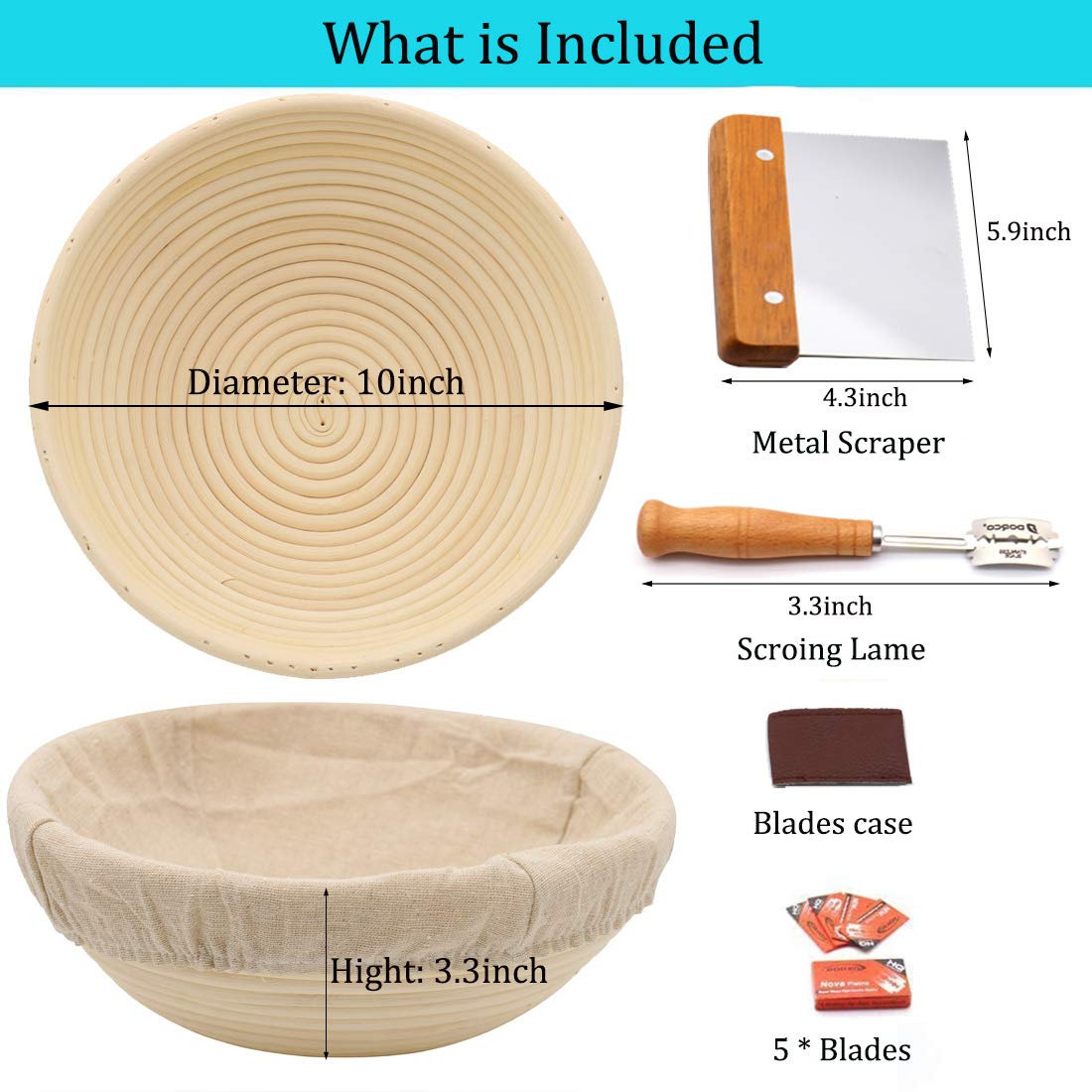 10" Round Bread Banneton Proofing Basket for Sourdough, Rising Dough Baking Bowl Kit, Gifts for Artisan Bread Making Starter, Includes Linen Liner, Metal Dough Scraper, Scoring Lame & Case, 5 Blades
