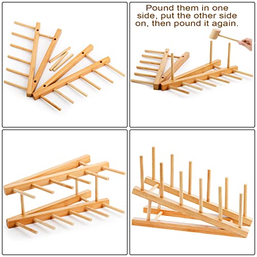 Yesland 3 Packs Wooden Dish Rack, Bamboo Plate Bottle Drying Rack with Wooden Mallet Plate Rack for Water Bottles, Cups, Pan Lids, Dinner Plates - Brown