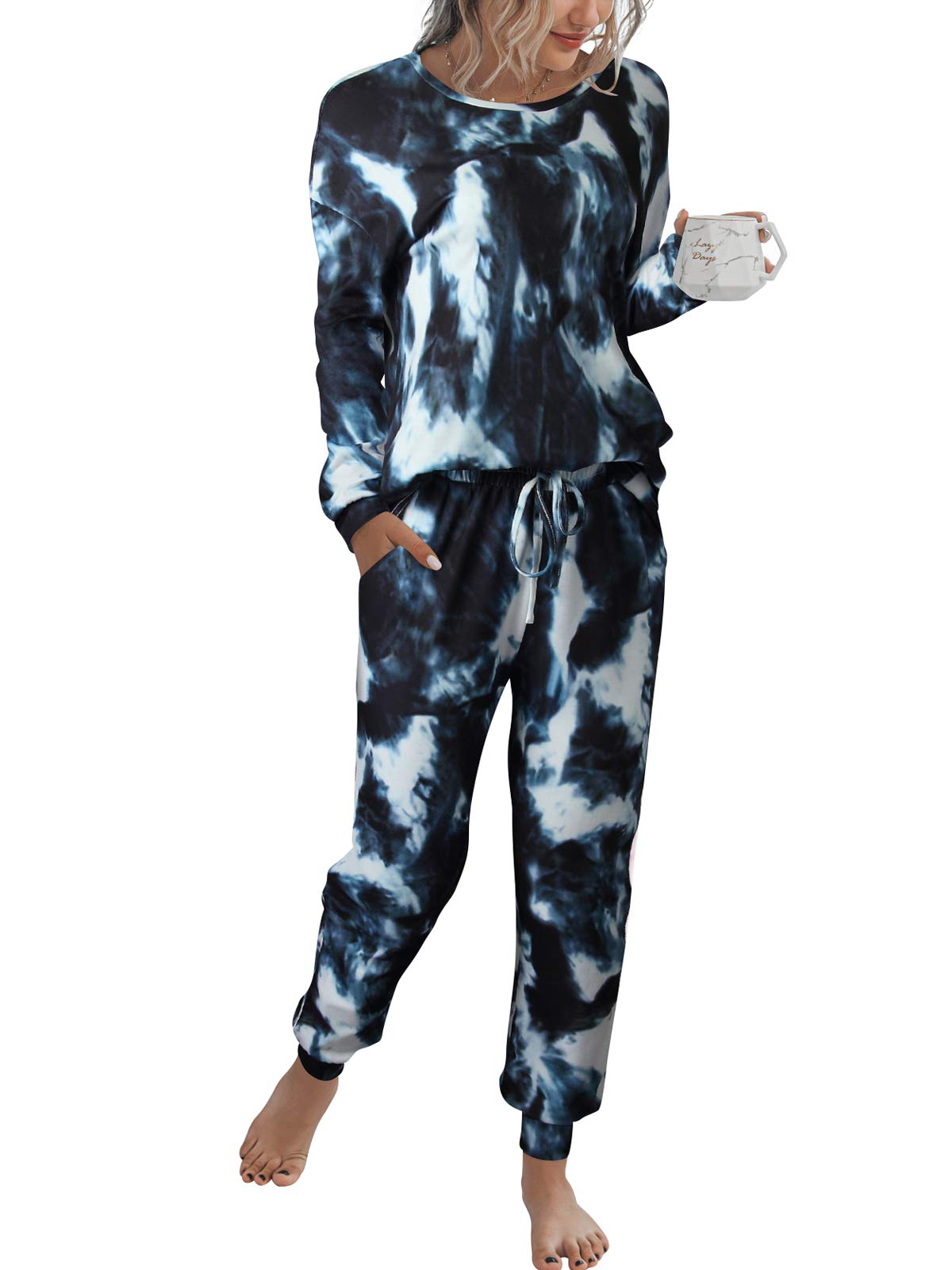 LOGENE Women's Pajama Sets Tie Dye Sweatsuit Long Sleeves 2 Pcs Sleepwear Set
