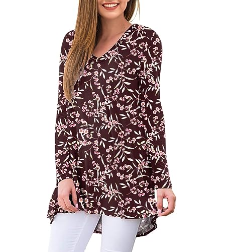 AWULIFFAN Women's Fall Long Sleeve V-Neck T-Shirt Tunic Tops Blouse Shirts (Flower Grass Wine Red,Medium)