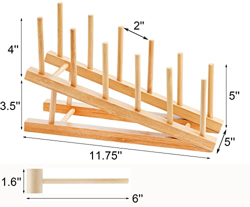 Yesland 3 Packs Wooden Dish Rack, Bamboo Plate Bottle Drying Rack with Wooden Mallet Plate Rack for Water Bottles, Cups, Pan Lids, Dinner Plates - Brown