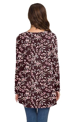 AWULIFFAN Women's Fall Long Sleeve V-Neck T-Shirt Tunic Tops Blouse Shirts (Flower Grass Wine Red,Medium)