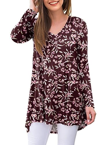 AWULIFFAN Women's Fall Long Sleeve V-Neck T-Shirt Tunic Tops Blouse Shirts (Flower Grass Wine Red,Medium)