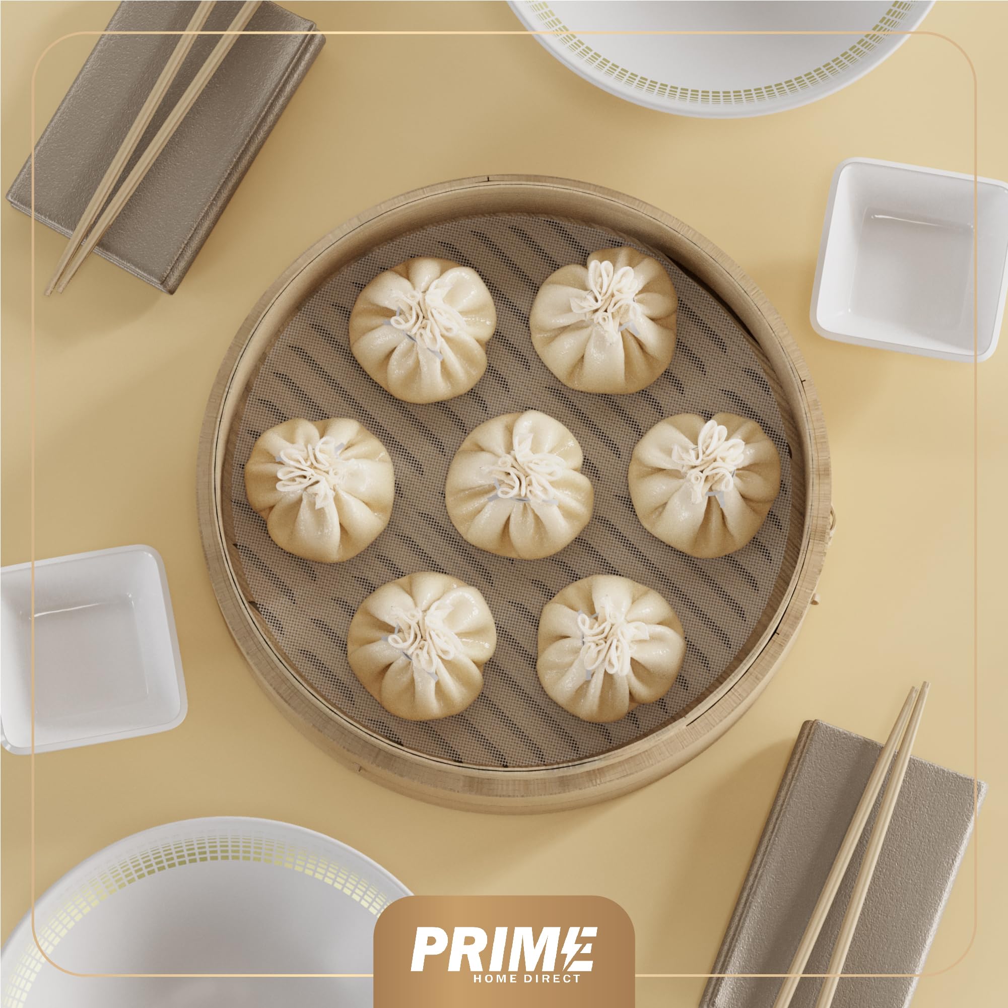 Prime Home Direct Bamboo Steamer Basket 12-Inch | 2-Tier Steamer for Cooking | 50 Liners, Chopsticks, Sauce Dish | Steaming Asian Food, Bao Buns, Chinese, Dim Sum, Dumpling, Rice, Vegetable Steam Pot