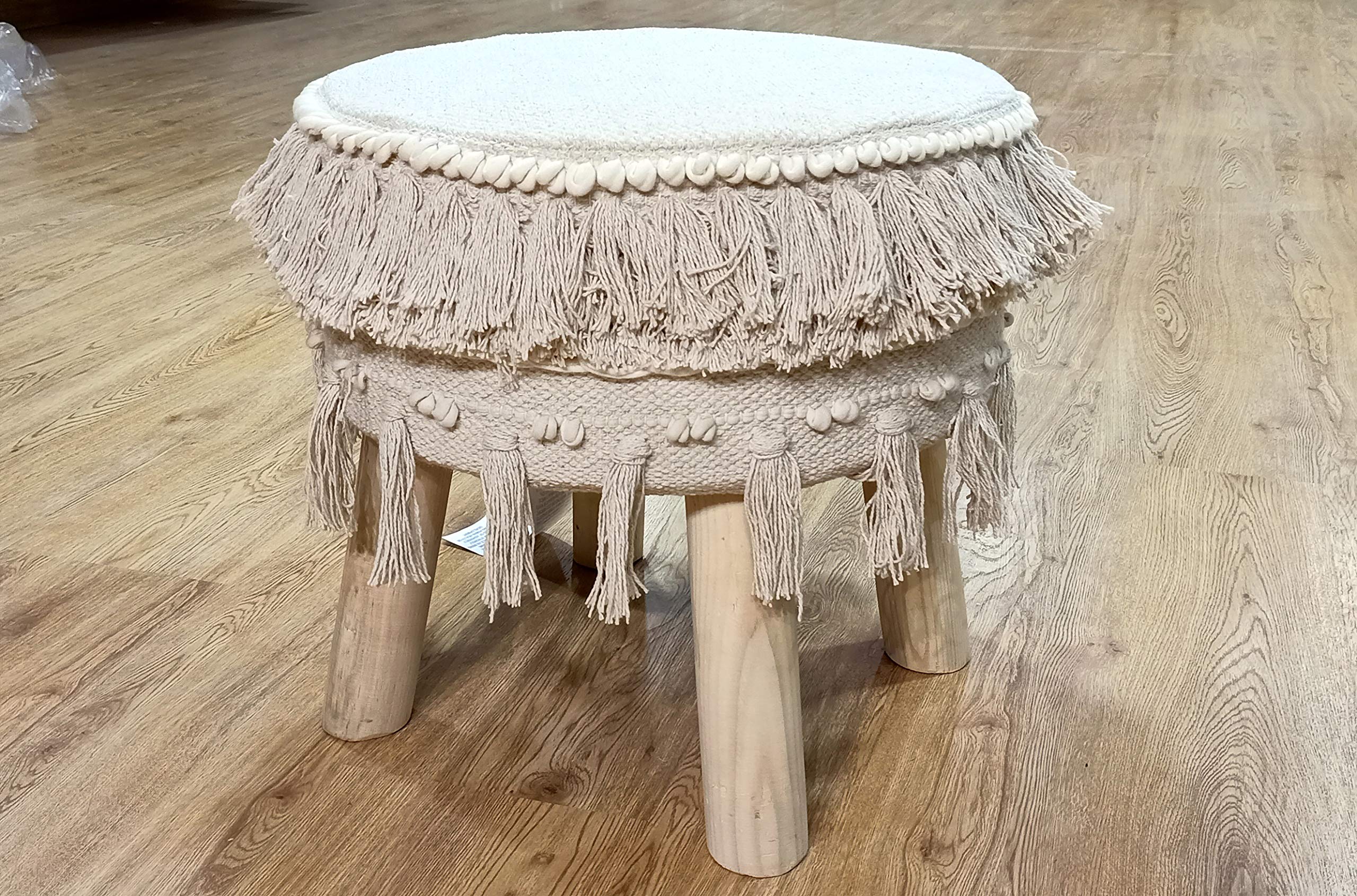 LR Home Ivory Textured and Fringed Bohemian Stool