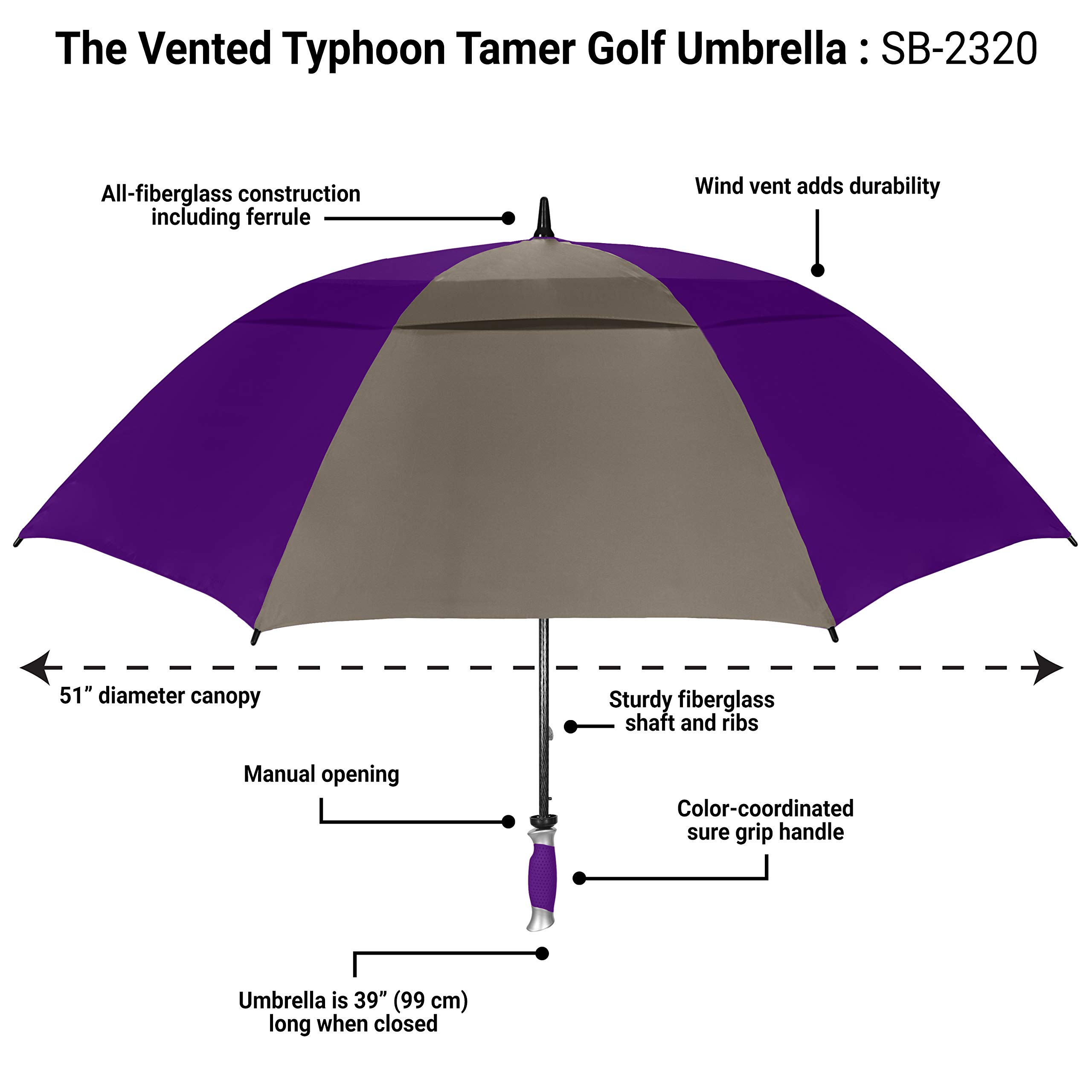 The Typhoon Tamer 62 Inch Vented Windproof Double Canopy Large Golf Umbrella for Rain & Wind, Strong Fiberglass Oversized Lightweight Professional Quality Golfers Umbrella for Men & Women, Gray/Purple