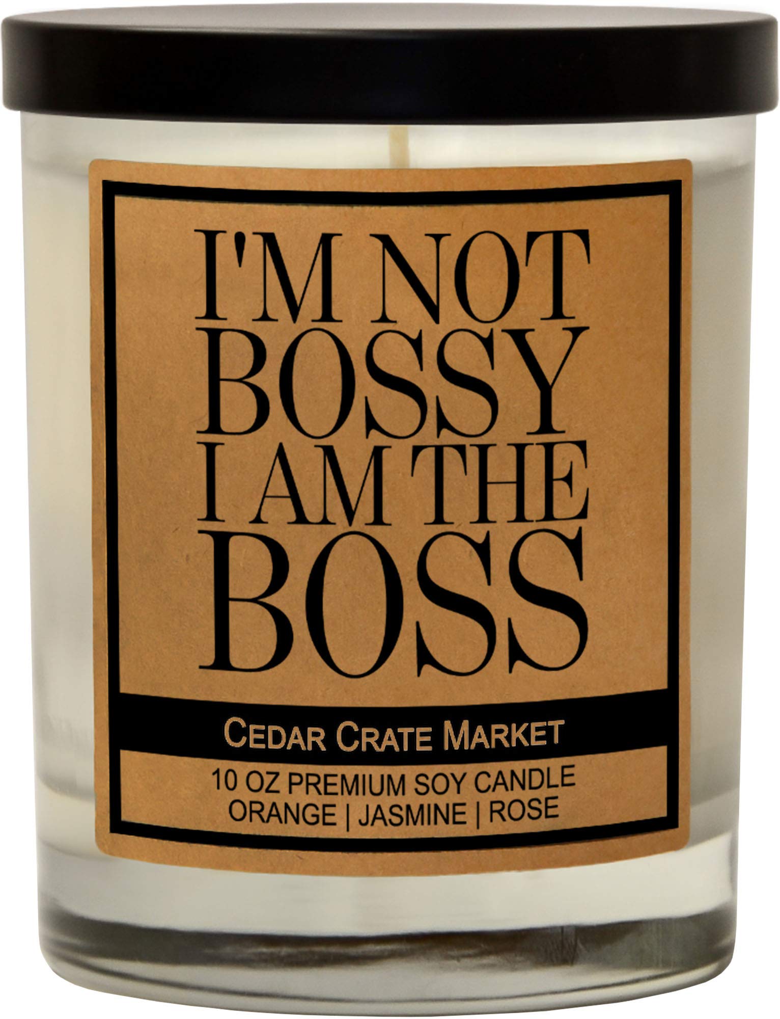 I'm Not Bossy I Am The Boss, Kraft Label Scented Soy Candle, Orange, Jasmine, Rose, 10 Oz. Glass Jar Candle, Made in The USA, Decorative Candles, Funny and Sassy Gifts