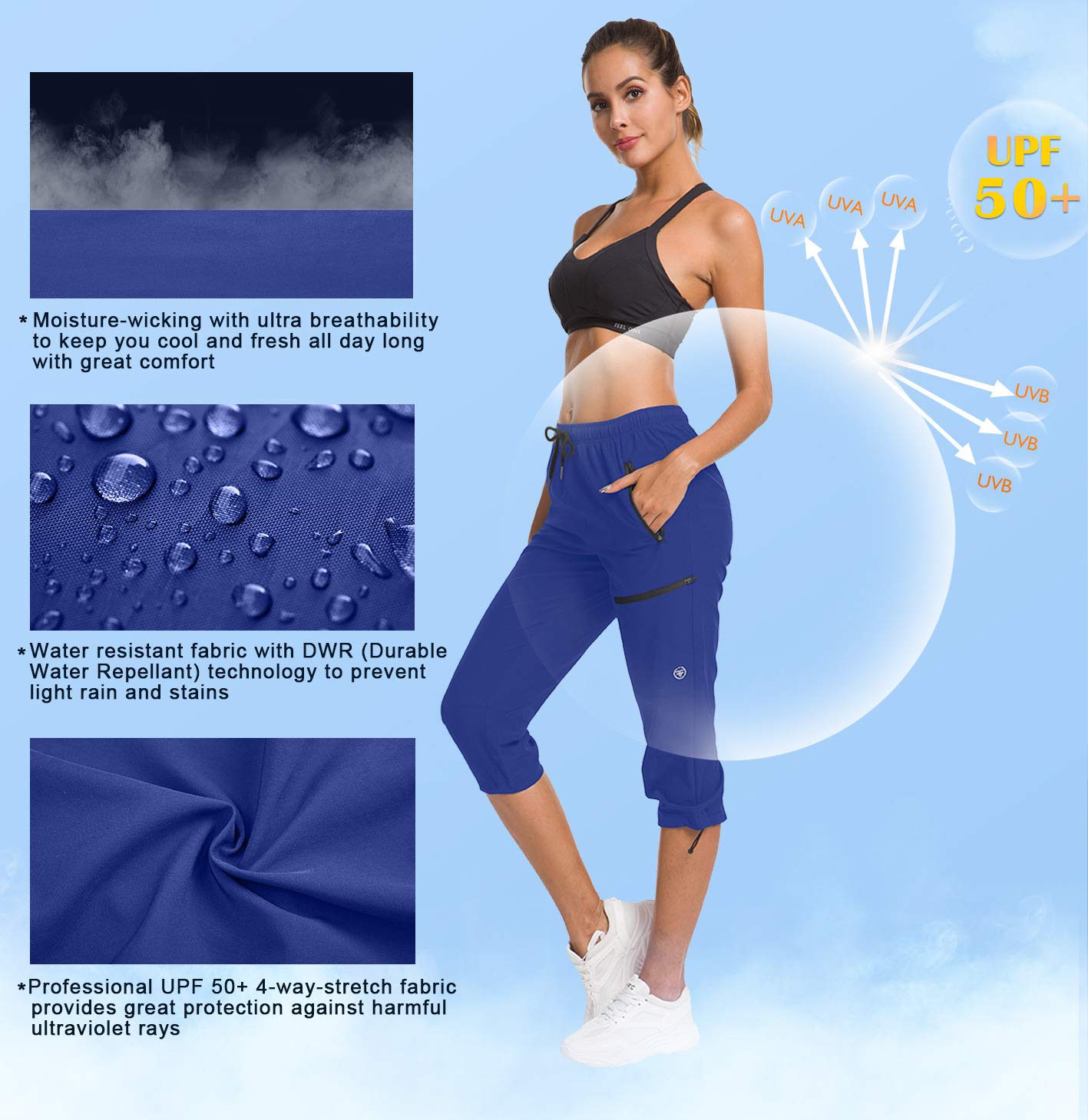 ChinFun Women's Hiking Capris Pants Outdoor Quick Dry Cargo Cropped Pants Water Resistant UPF 50+ Royal Blue XXL