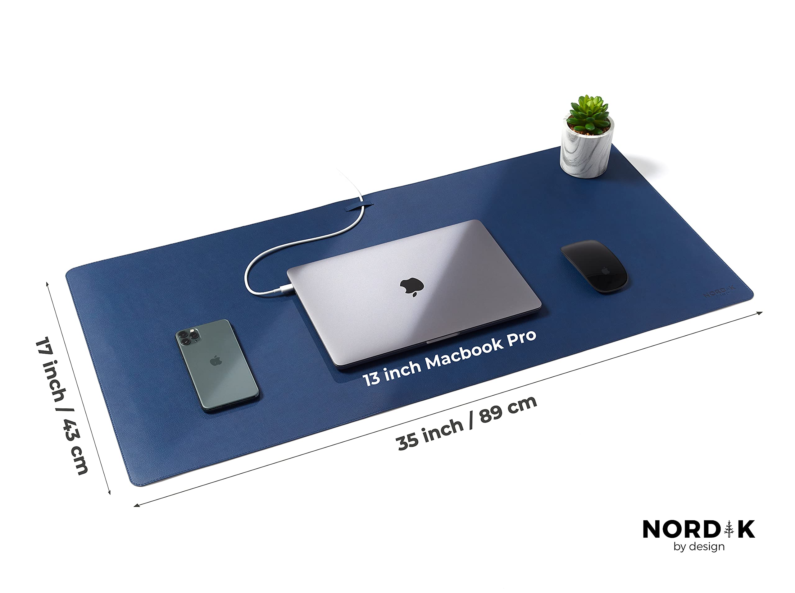 Nordik Leather Desk Mat Cable Organizer (Midnight Blue 35 x 17 inch) Premium Extended Mouse Mat for Home Office Accessories - Felt Vegan Large Leather Desk Pad Protector & Desk Blotter Pads Decor