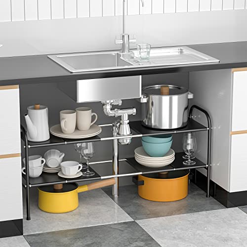 Summer&Kiss Expandable Under Sink Organizers and Storage,2-Tier Cabinet Metal Shelf Organizer with 8 Removable Panels, Black Under Sink Storage Rack for Kitchen Bathroom