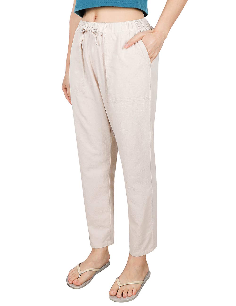 Women's Drawstring Linen Pants Women Elastic Waist Soft Cotton Cropped Linen Pant Large Khaki