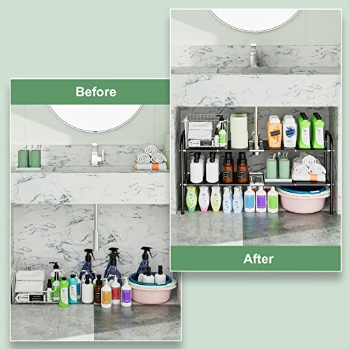 Summer&Kiss Expandable Under Sink Organizers and Storage,2-Tier Cabinet Metal Shelf Organizer with 8 Removable Panels, Black Under Sink Storage Rack for Kitchen Bathroom