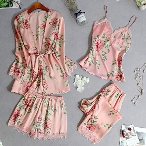 Youmymine Women's Print Nightgown Satin Silk Pajamas Lace Bathrobe Robes Underwear Sleepwear (M, Pink)