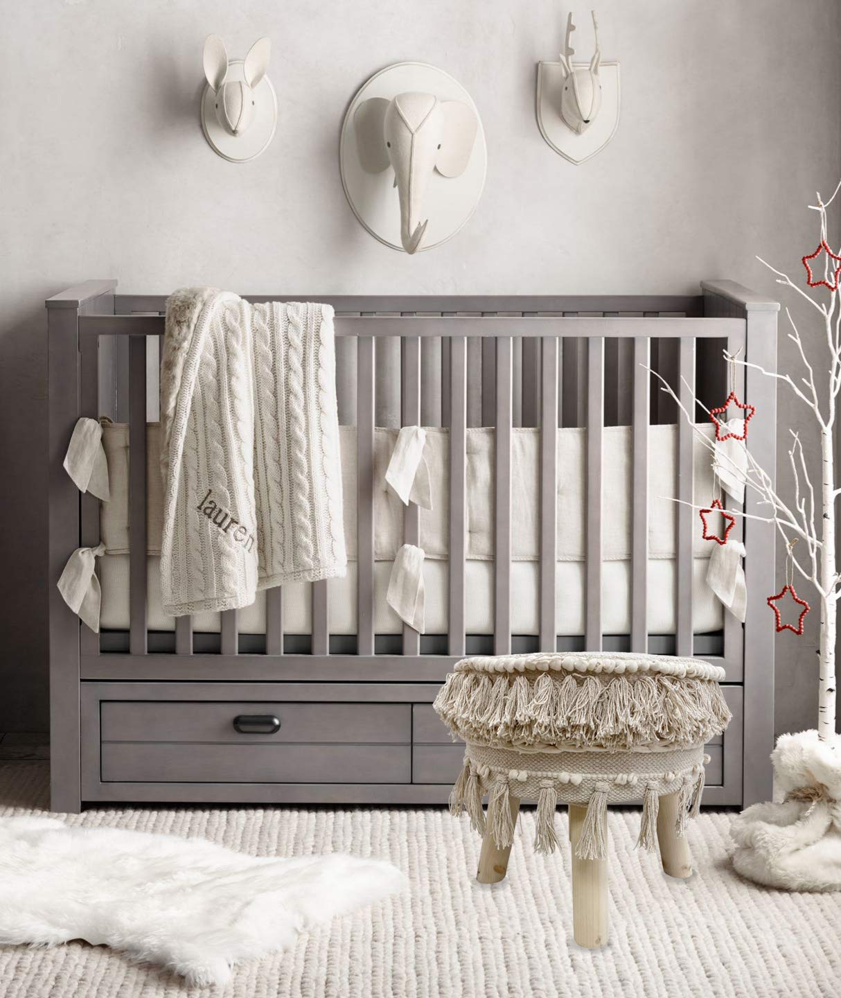LR Home Ivory Textured and Fringed Bohemian Stool