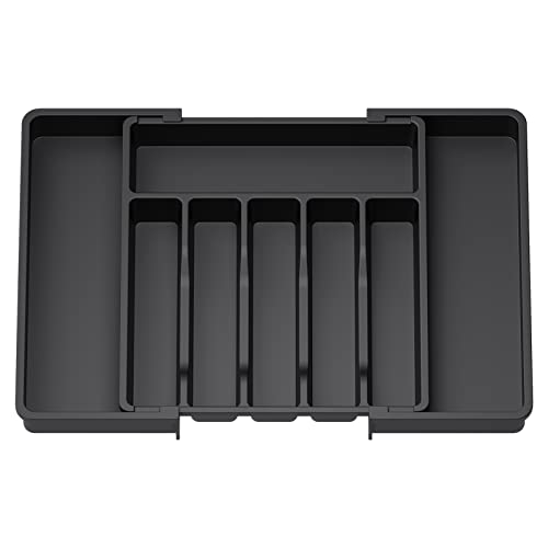 Lifewit Silverware Drawer Organizer, Expandable Utensil Tray for Kitchen, Adjustable Flatware and Cutlery Holder, Compact Plastic Storage for Spoons Forks Knives, Large, Black