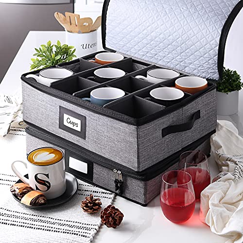 Mug Storage, Stackable Coffee Cup Storage Organizer for a Set of 12 - Padded Mug Storage Box with Dividers, China Storage Containers Hard Shell with Handles & Zippers for Easy Storage & Transport