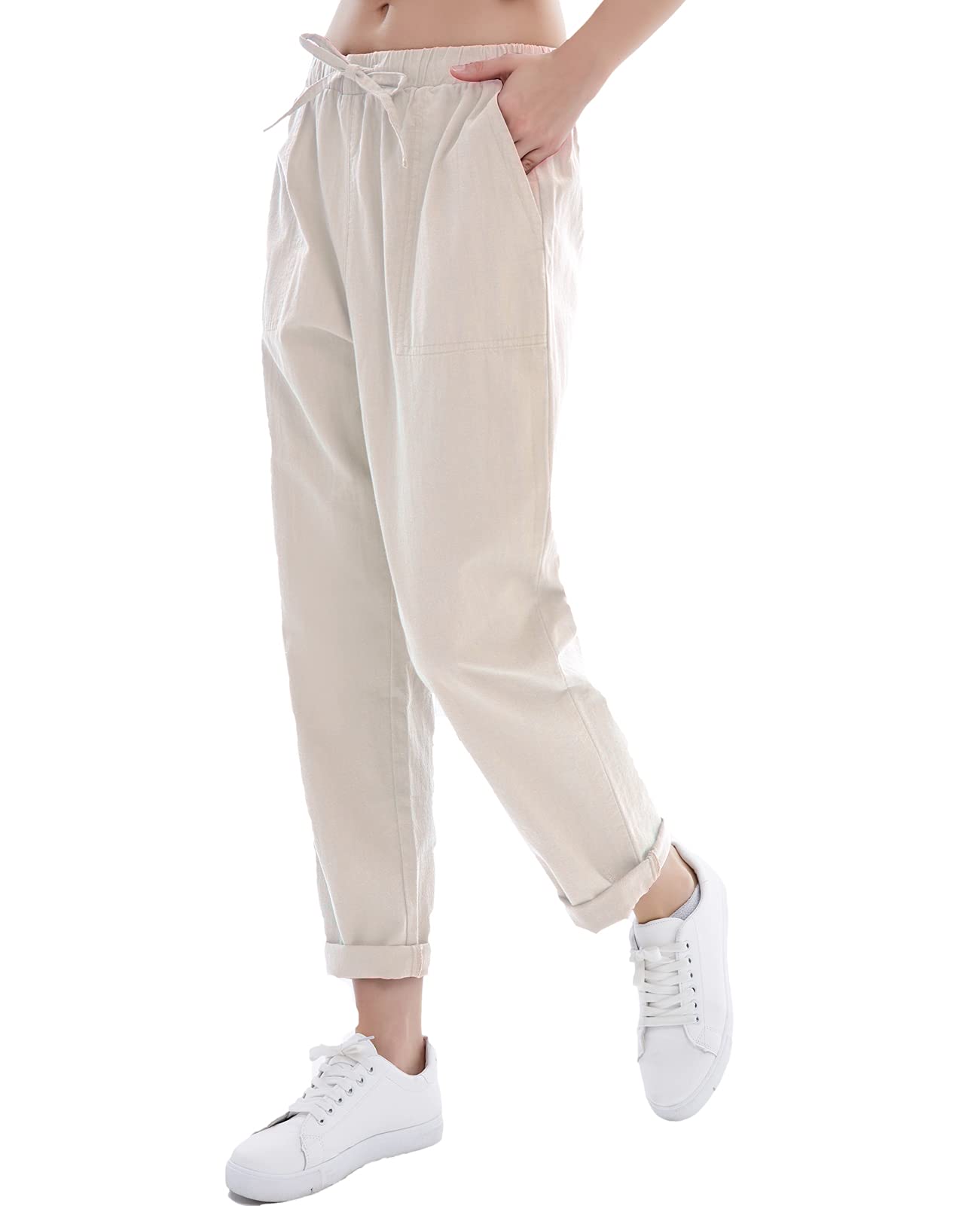 Women's Drawstring Linen Pants Women Elastic Waist Soft Cotton Cropped Linen Pant Large Khaki