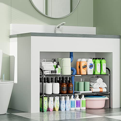 Summer&Kiss Expandable Under Sink Organizers and Storage,2-Tier Cabinet Metal Shelf Organizer with 8 Removable Panels, Black Under Sink Storage Rack for Kitchen Bathroom