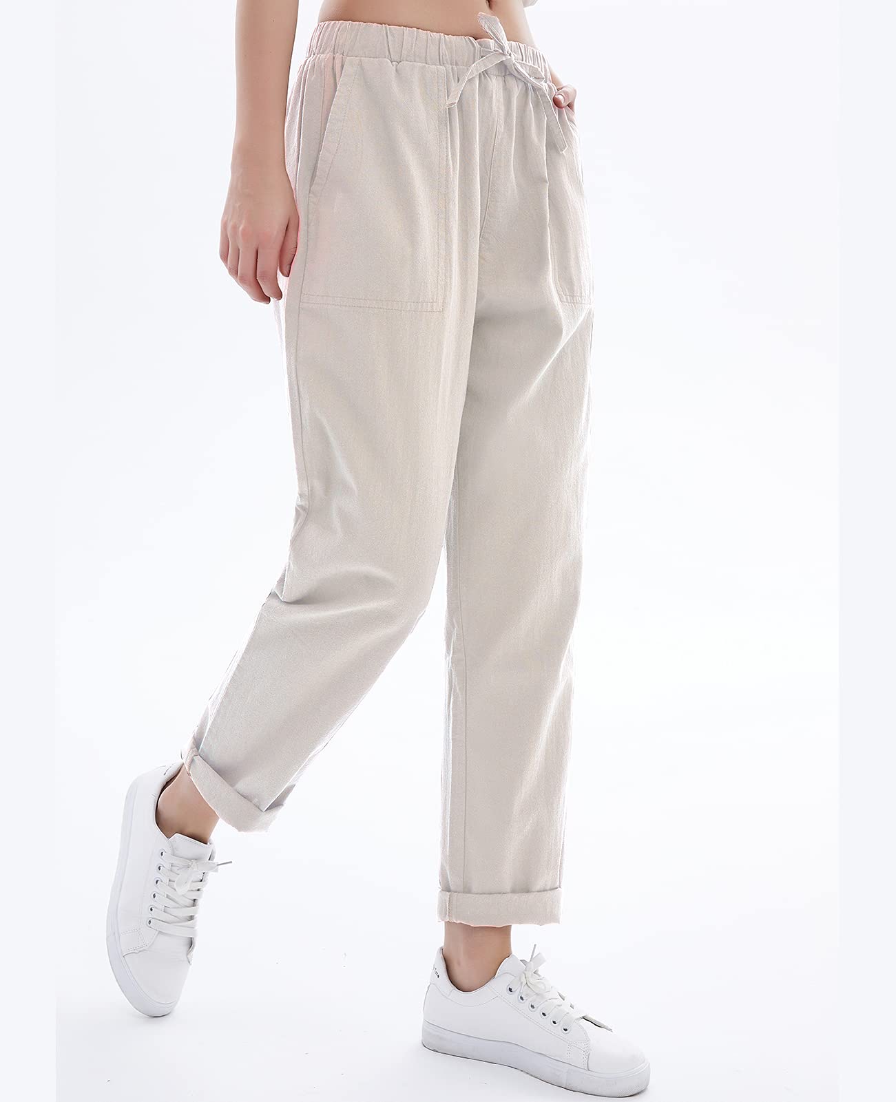 Women's Drawstring Linen Pants Women Elastic Waist Soft Cotton Cropped Linen Pant Large Khaki