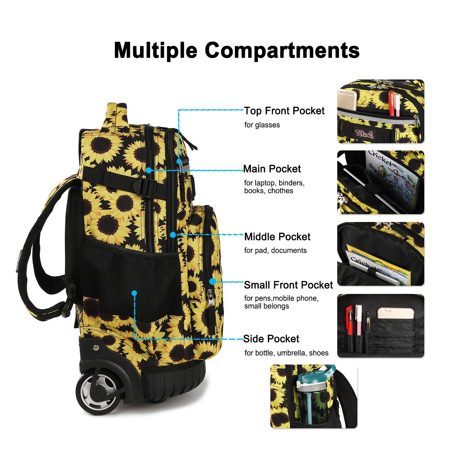 Tilami Rolling Backpack 18 inch Wheeled Backpack School College Student Travel Trip Boys and Girls
