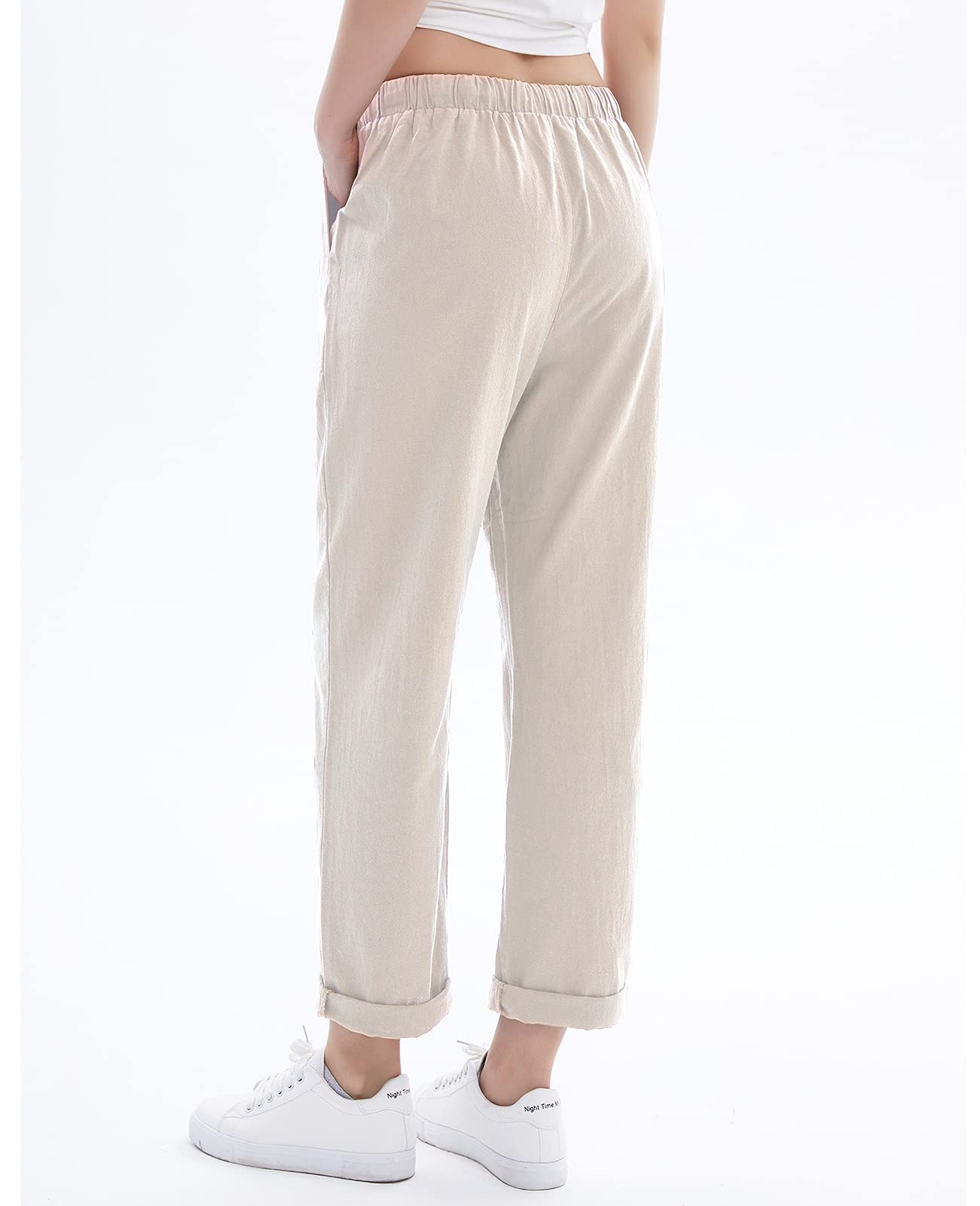 Women's Drawstring Linen Pants Women Elastic Waist Soft Cotton Cropped Linen Pant Large Khaki
