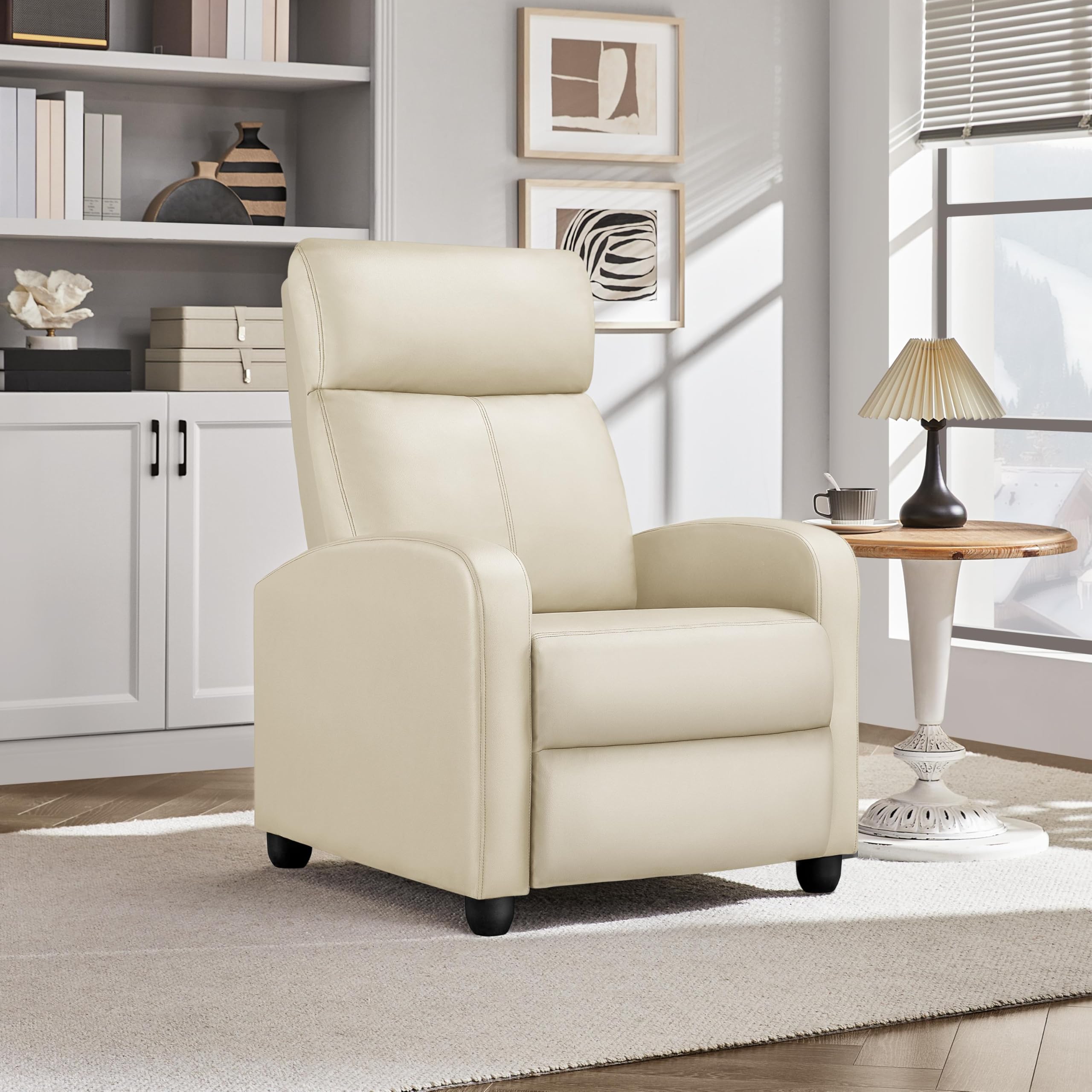 Yaheetech Recliner Chair PU Leather Recliner Sofa Home Theater Seating Adjustable Modern Single Reclining Chair Sofa with Pocket Spring Living Room Bedroom Beige