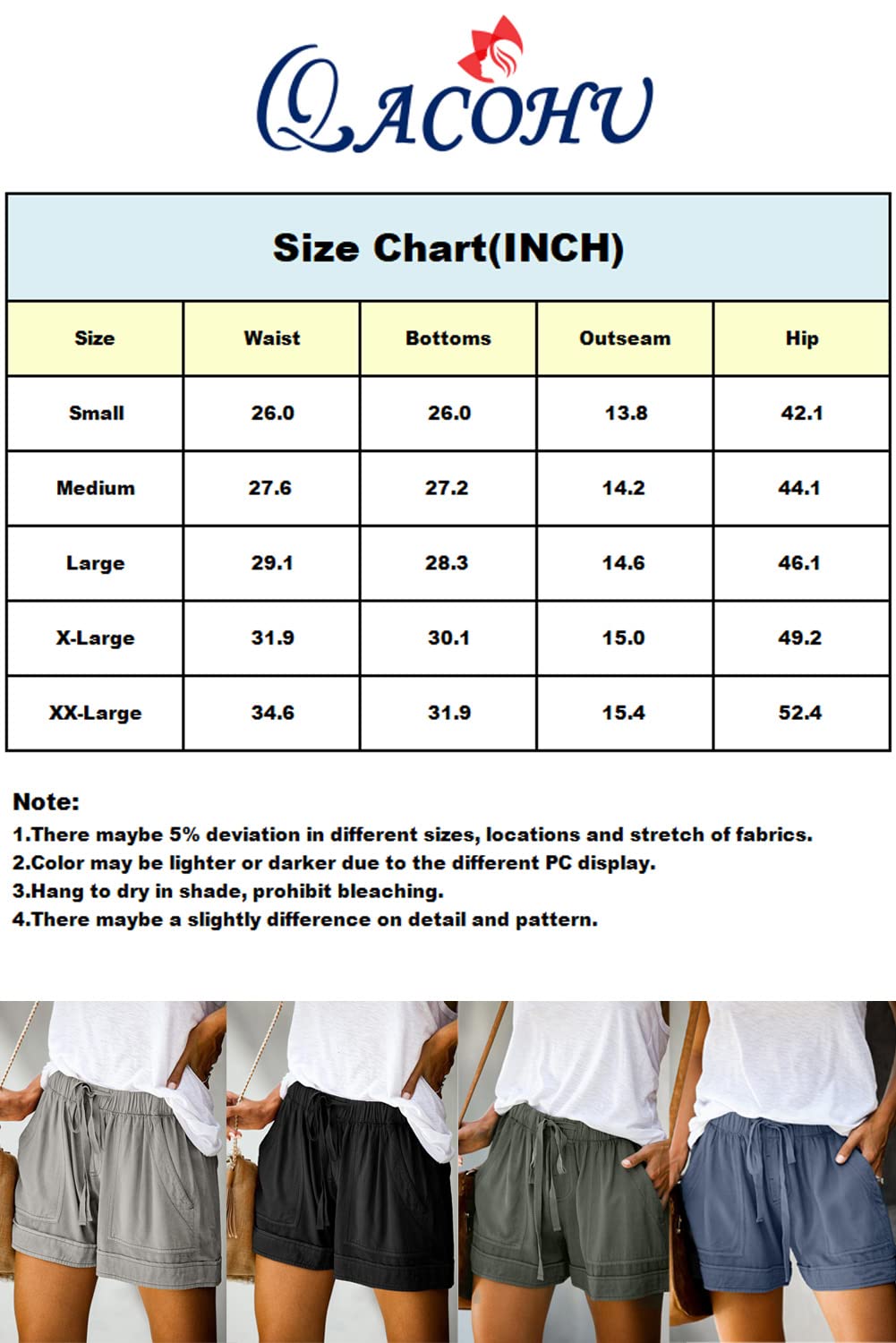 QACOHU Womens Summer Shorts Comfy Drawstring Casual Elastic Waist Pocketed Shorts Dusty Blue XL Women Linen Pants