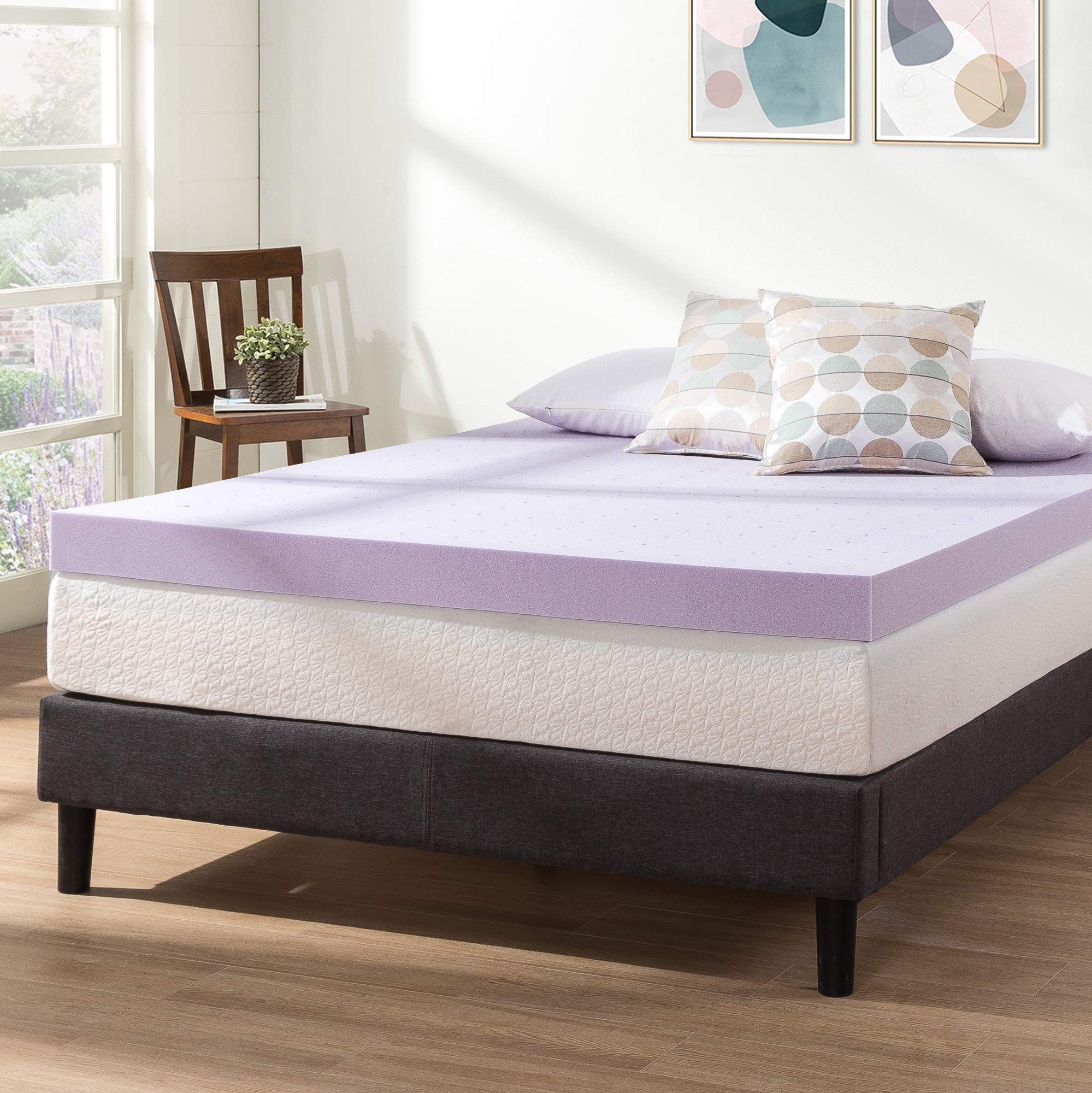 Mellow 4 Inch Ventilated Memory Foam Mattress Topper, Soothing Lavender Infusion, CertiPUR-US Certified, Short Queen