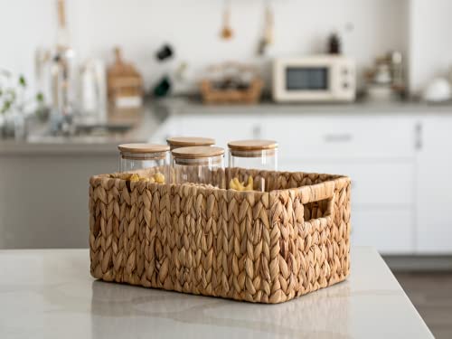 StorageWorks Water Hyacinth Storage Baskets, Square Wicker Baskets with Built-in Handles, Hand-Woven Baskets for Bedroom, Bathroom, Pantry, Shelves, Set of 3 (1PC Large, 2PCS Medium)