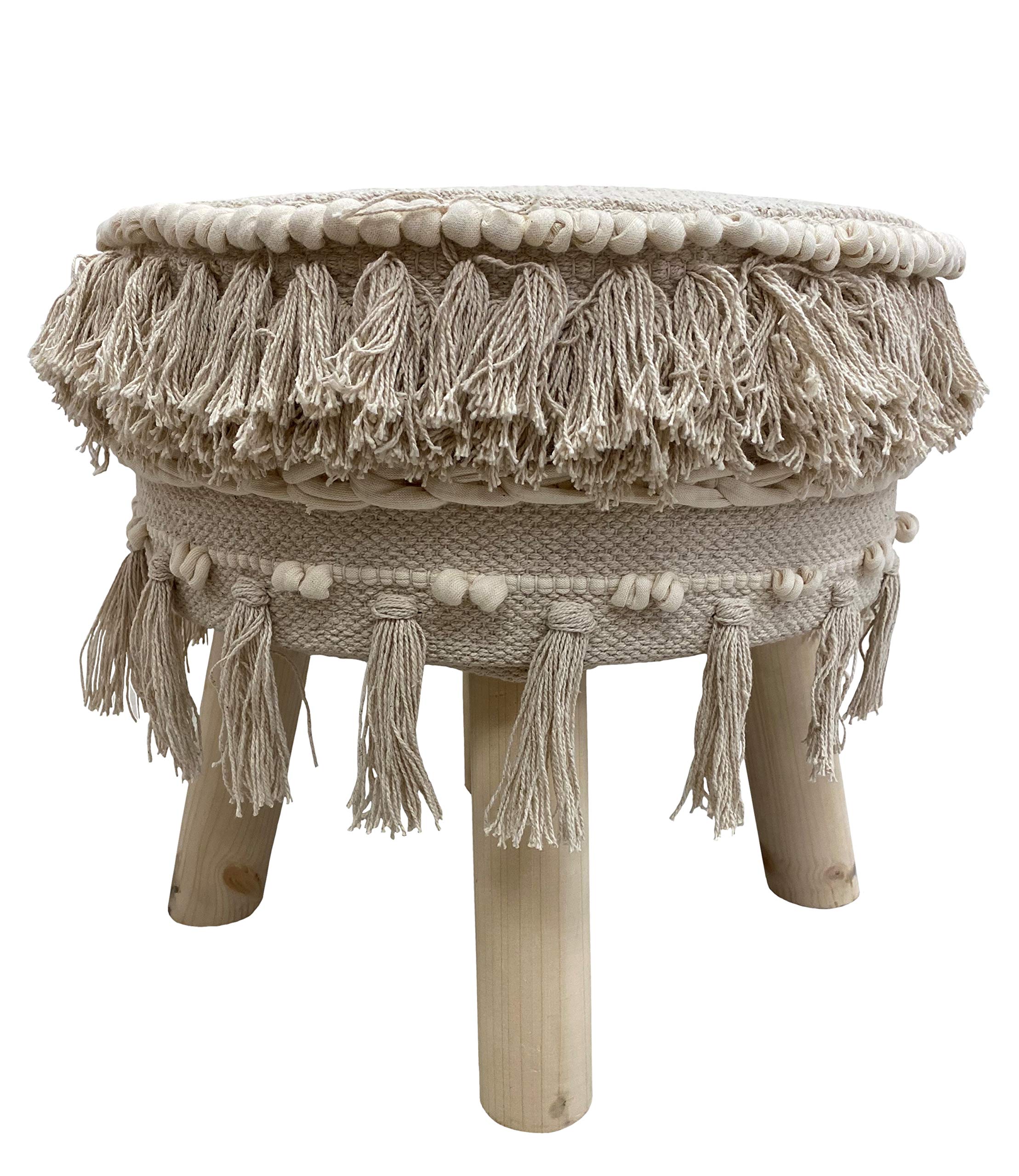 LR Home Ivory Textured and Fringed Bohemian Stool