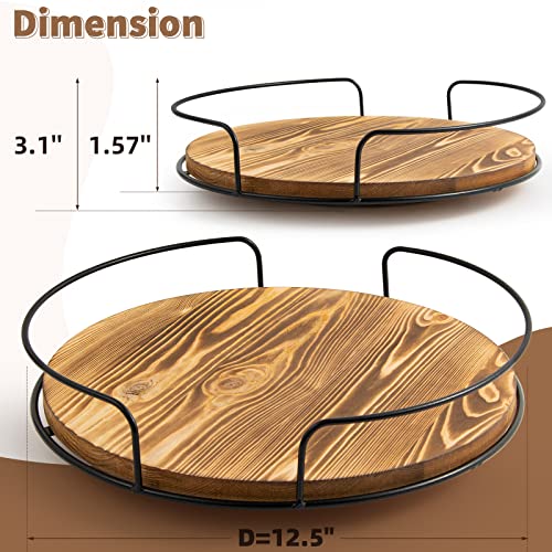 12 Inch Wood Lazy Susan Turntable for Table, Kitchen Rustic Turntable Organizer with Steel Frame, 360 Degree Decorative Turntable for Countertop Cabinet or Centerpieces