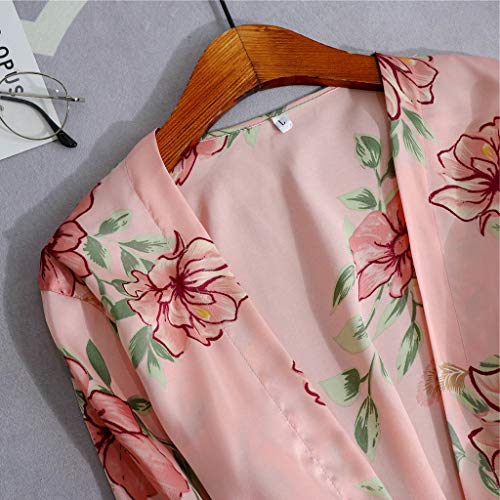 Youmymine Women's Print Nightgown Satin Silk Pajamas Lace Bathrobe Robes Underwear Sleepwear (M, Pink)