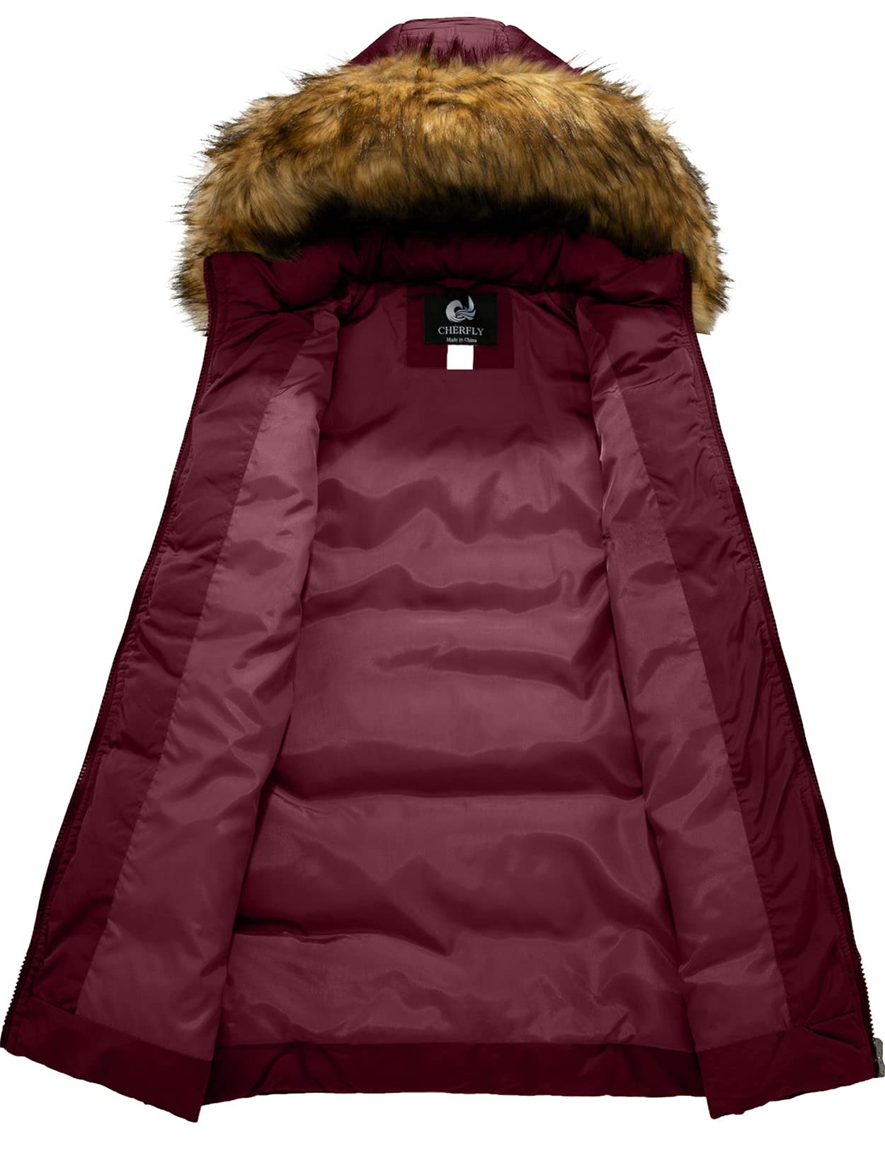 CHERFLY Women's Winter Puffer Coat Heavy Warm Long Parka Down Jacket with Fur Hood,Wine Red,Large