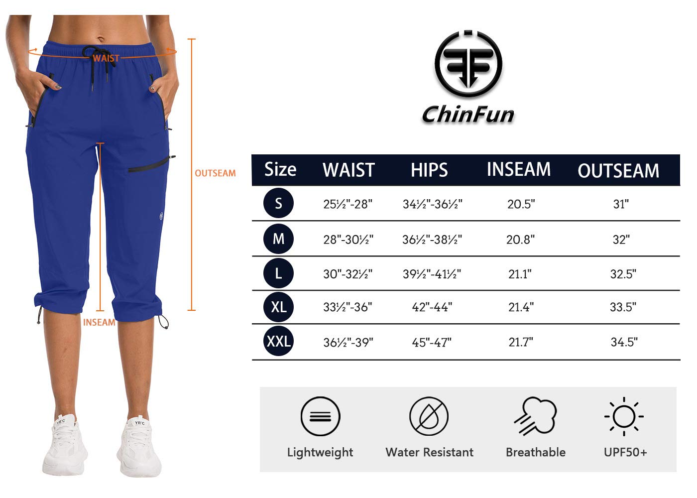 ChinFun Women's Hiking Capris Pants Outdoor Quick Dry Cargo Cropped Pants Water Resistant UPF 50+ Royal Blue XXL