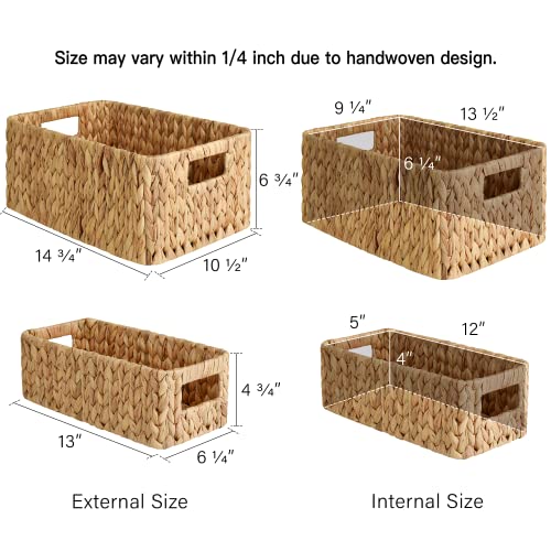 StorageWorks Water Hyacinth Storage Baskets, Square Wicker Baskets with Built-in Handles, Hand-Woven Baskets for Bedroom, Bathroom, Pantry, Shelves, Set of 3 (1PC Large, 2PCS Medium)
